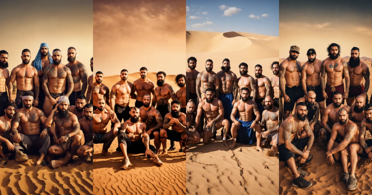 Lexica - A group of 20 shirtless sweaty tattooed bearded Arabian men ...