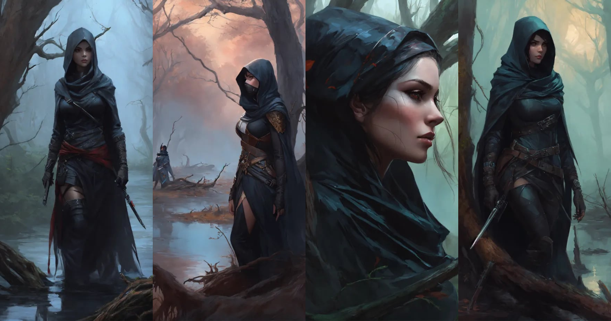 Lexica - Vivid Painting, sideview of an assassin woman with black ...