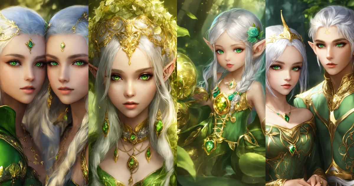 Lexica - Fantasy, baby, elf, gold skin, green eyes, silver hair, , twins,