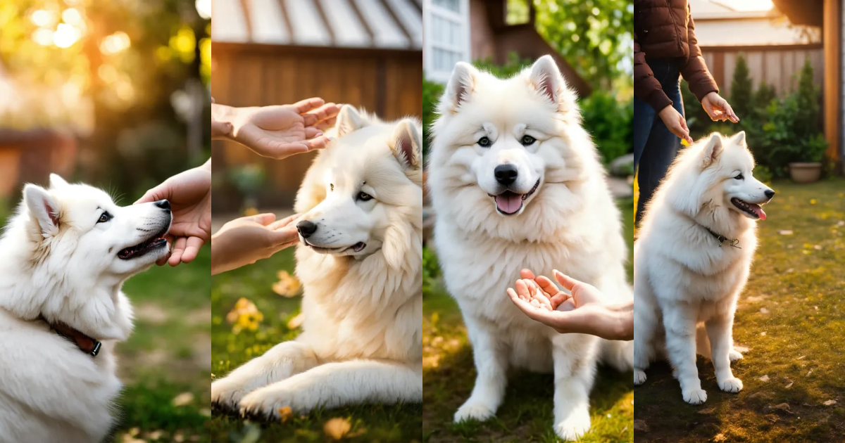 Lexica - A hand touching the Samoyed dog's paw, giving the paw, trained ...