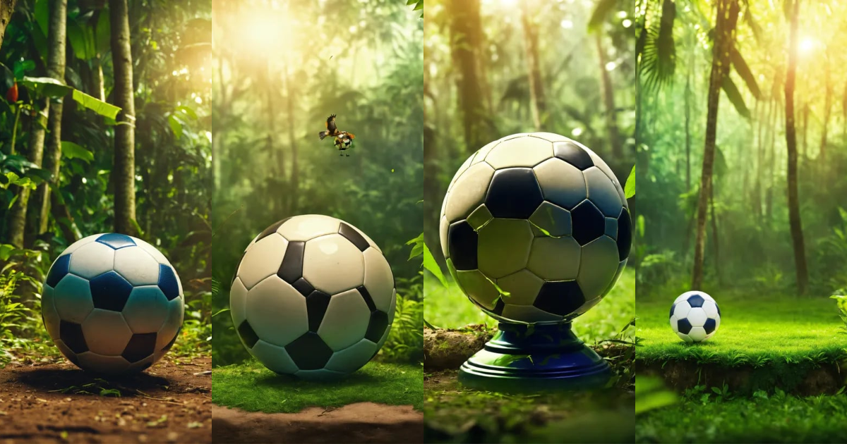 Lexica - A deep jungle with a soccer ball on the ground and a victory cup
