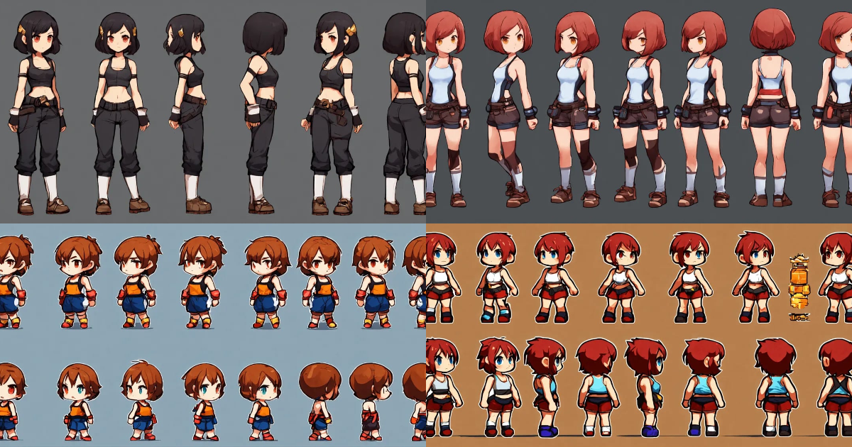 Lexica - Game assets, multiple poses, sprite sheet, girl, short hair ...