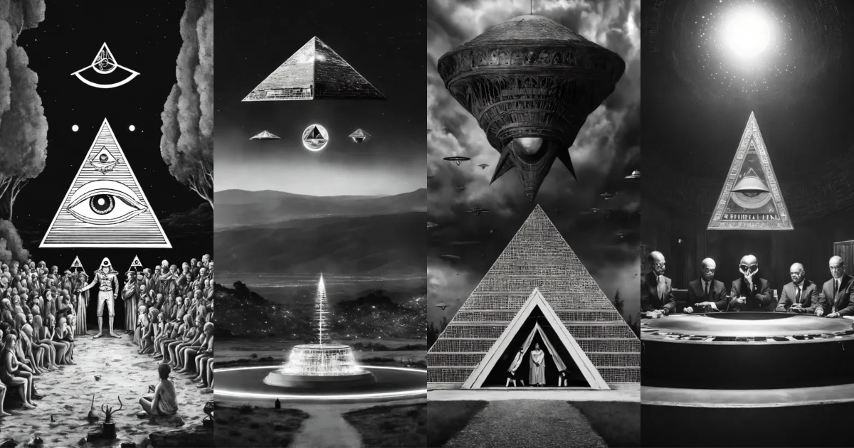 Lexica - Illuminati gathered and aliens black and white photo.