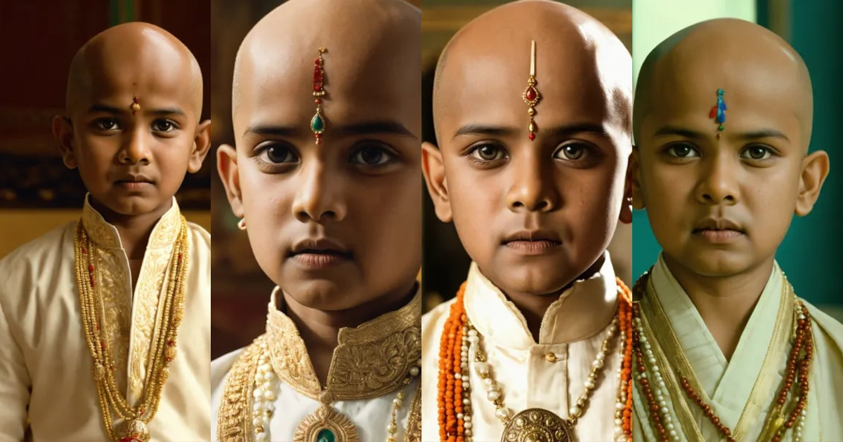 Lexica - Portrait of bald 8-year-old Indian boy wearing a white Harry Krishna attire, his eyes ...