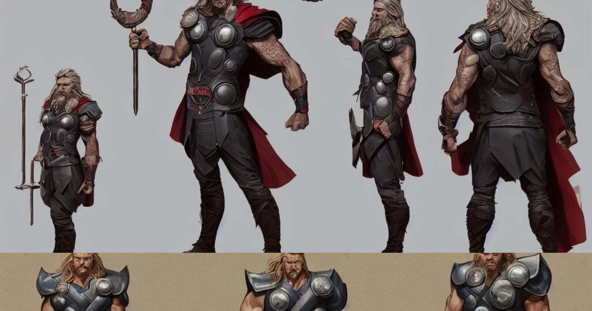 Lexica - Cartoonish thor paying the rent, character sheet, fine details ...