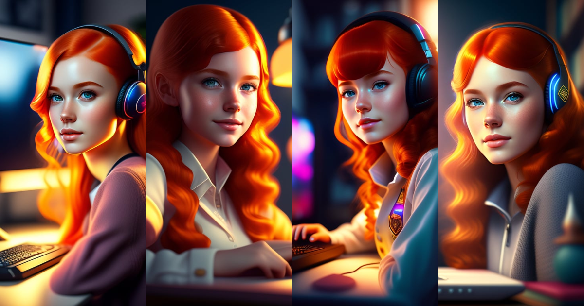 Lexica - Photo of cute young redhead girl gaming at her desk in bedroom ...