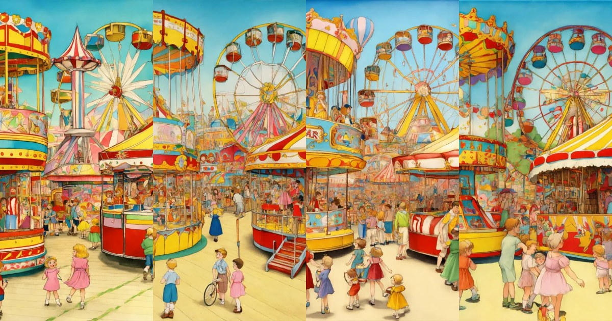 Lexica - Funfair. Drawing a funfair in the 50's with happy children and ...