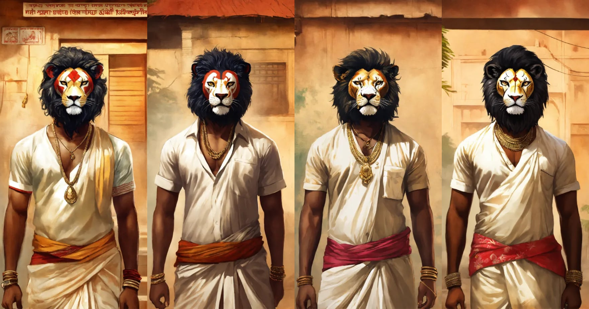 Lexica - A tamil goon wearing white lungi , and a lion mask in a gritty ...