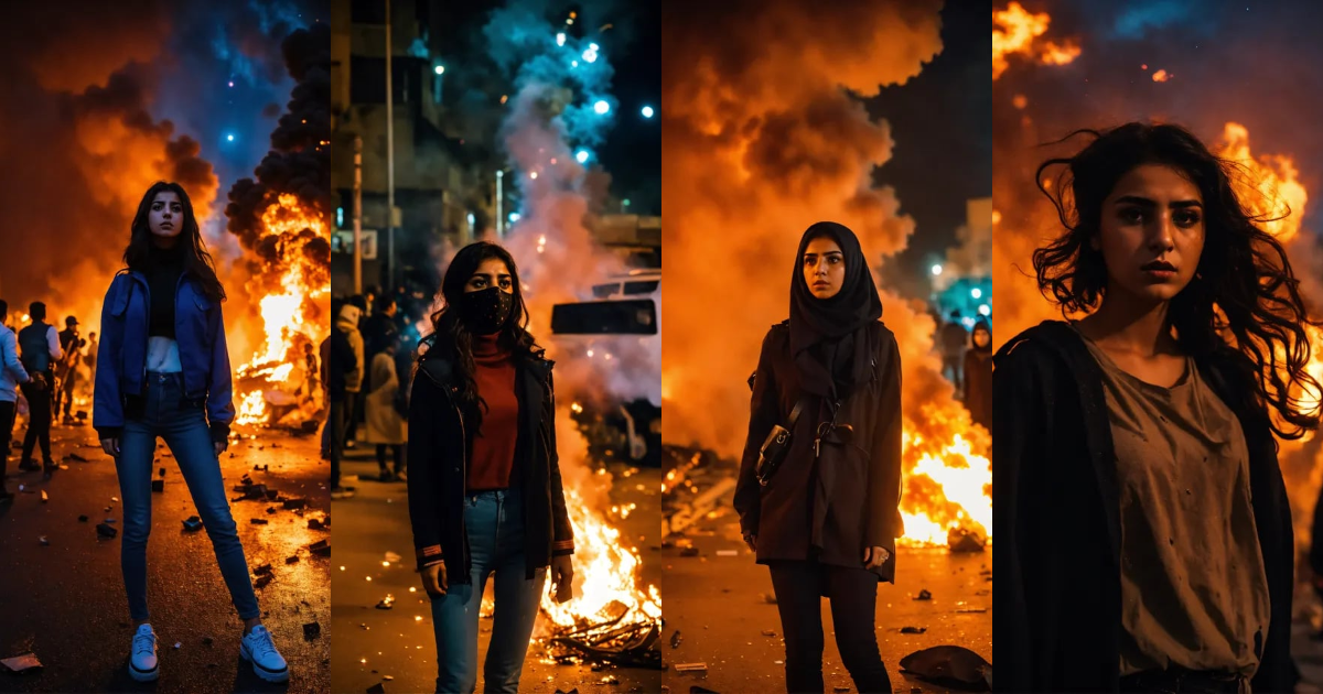 Lexica - Dark aesthetic photo, an Iranian girl amidst a chaotic street ...