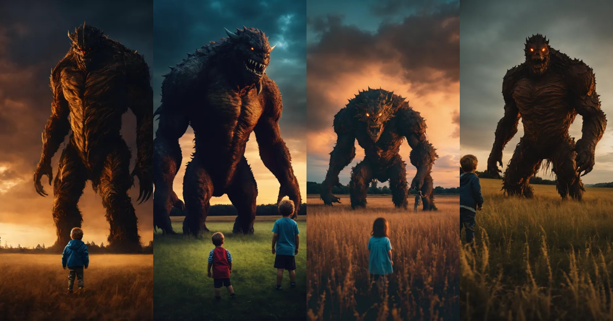 Lexica - Terrifying gigantic monster looming over small child in an ...