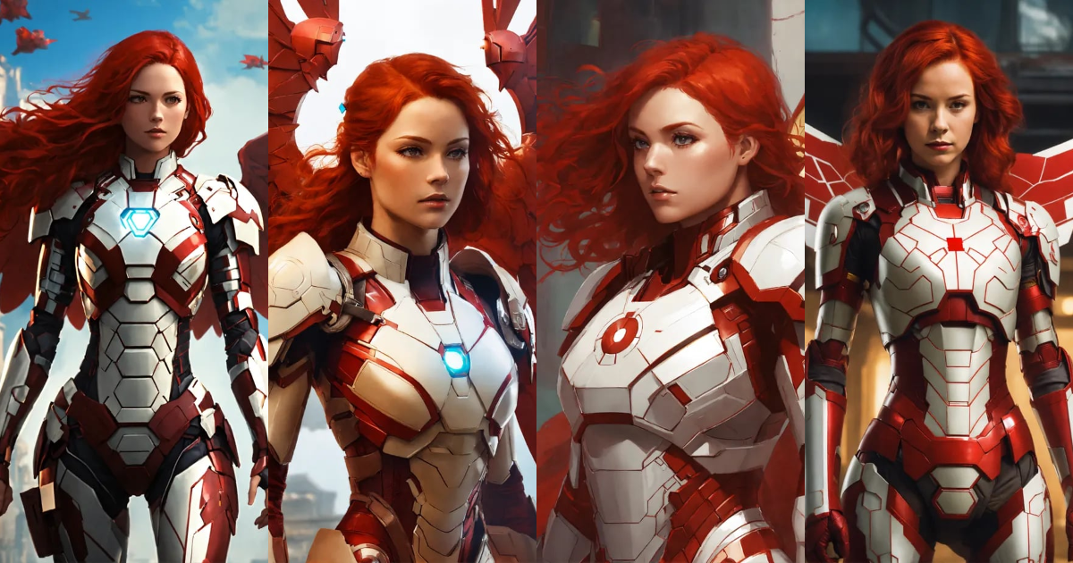 Lexica - Female athletic red hair wearing white Iron Man armor with red ...
