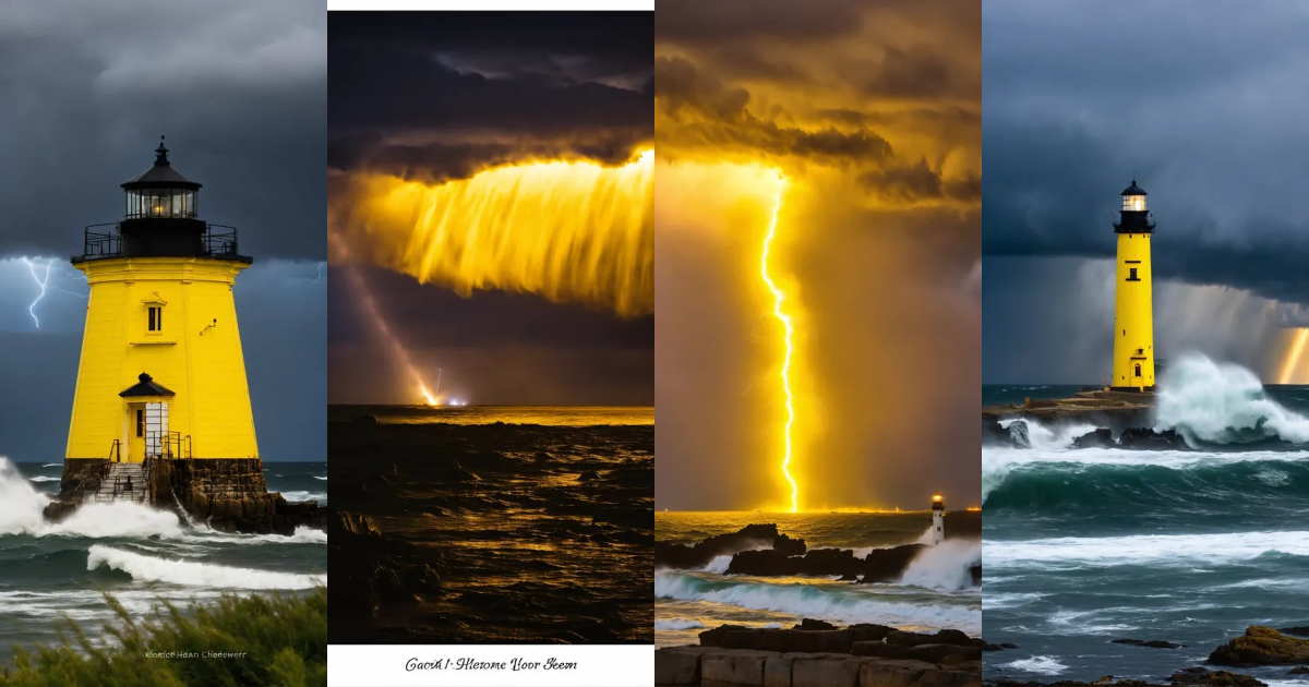 Lexica - Yellow beam from lighthouse piercing thru storm with caption ...