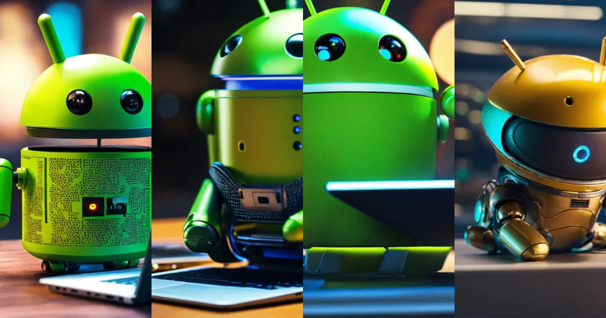 Lexica - Adorable smiling android working on its laptop in deep focus