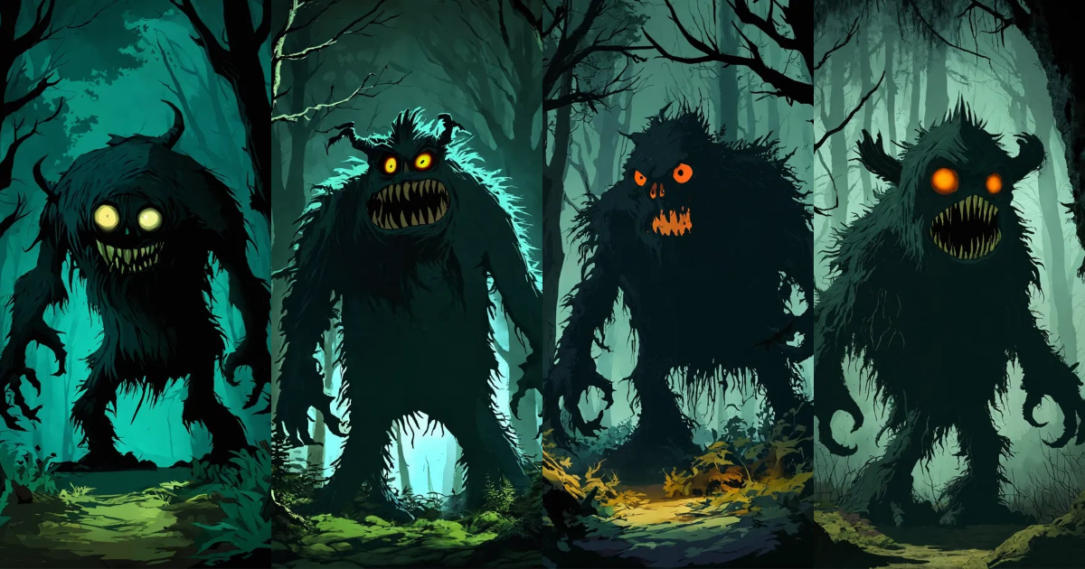 Lexica - Scary monster, in a dark forest, cartoon, cell shaded, horror