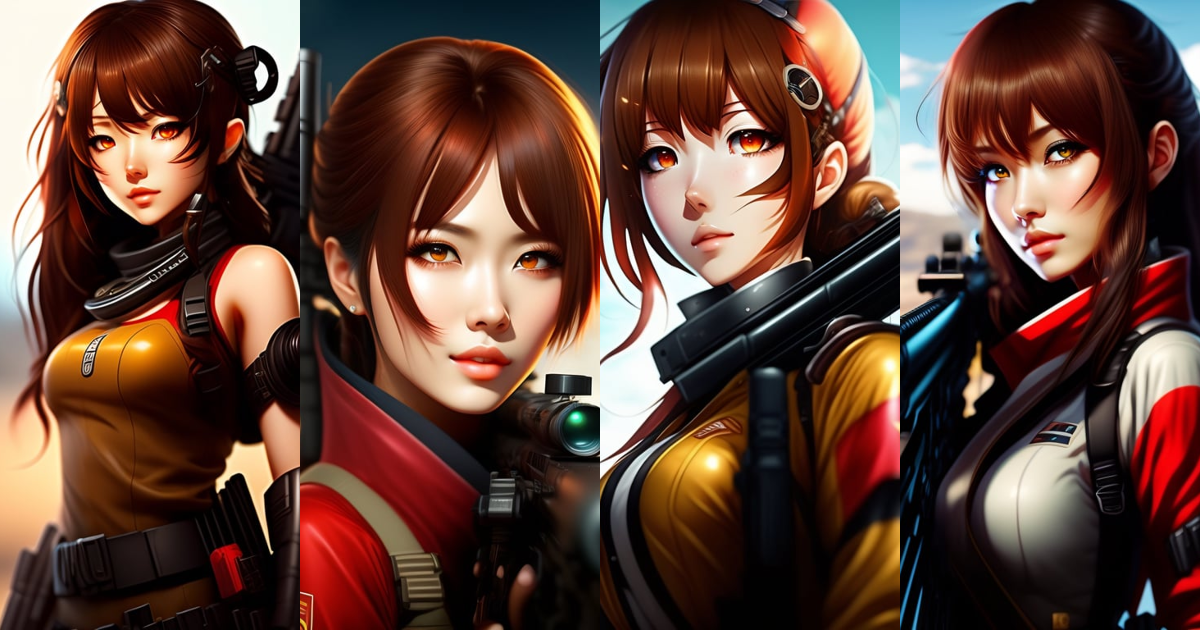 Lexica - Anime girl, brown hair, red eyes, holding a sniper rifle