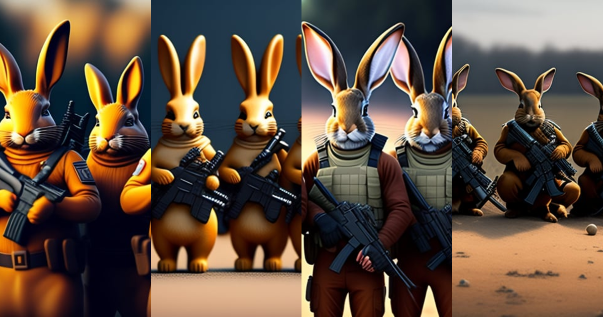 Lexica - Five rabbits dressed in bulletproof vests hold Kalashnikov ...