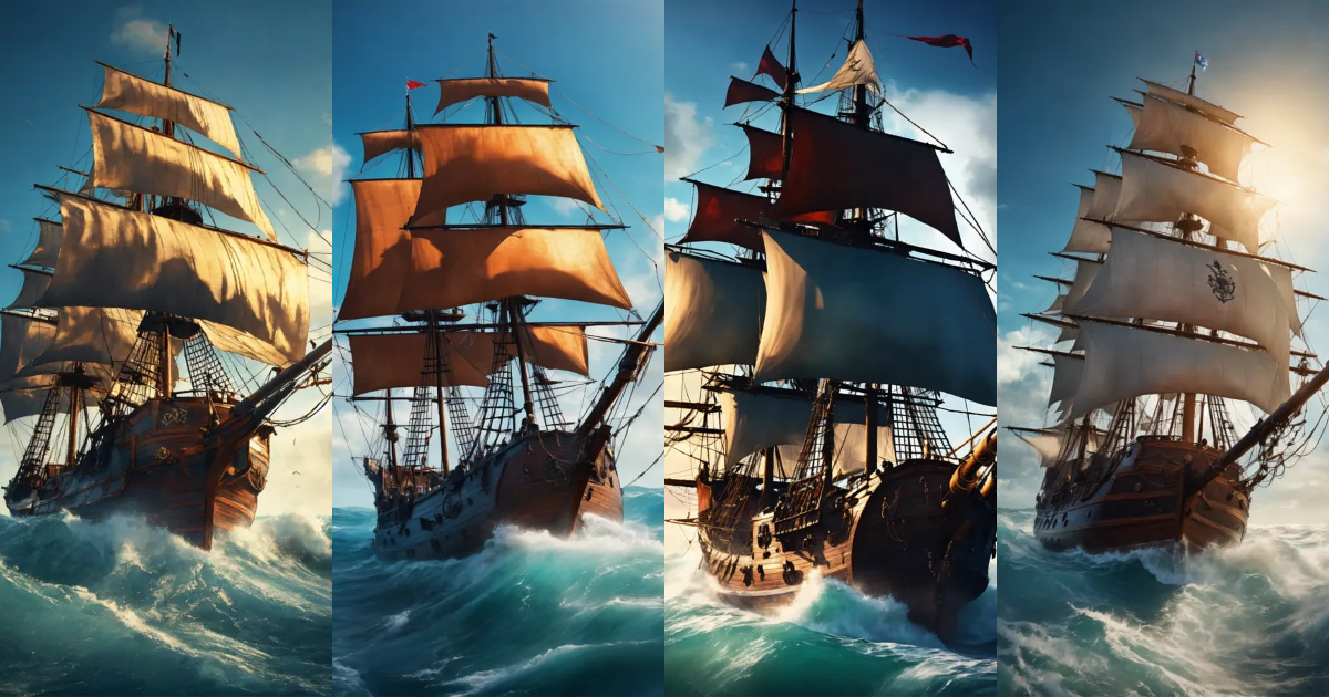 Lexica - Pirate ship damaged sails sailing forward in the waves of a ...