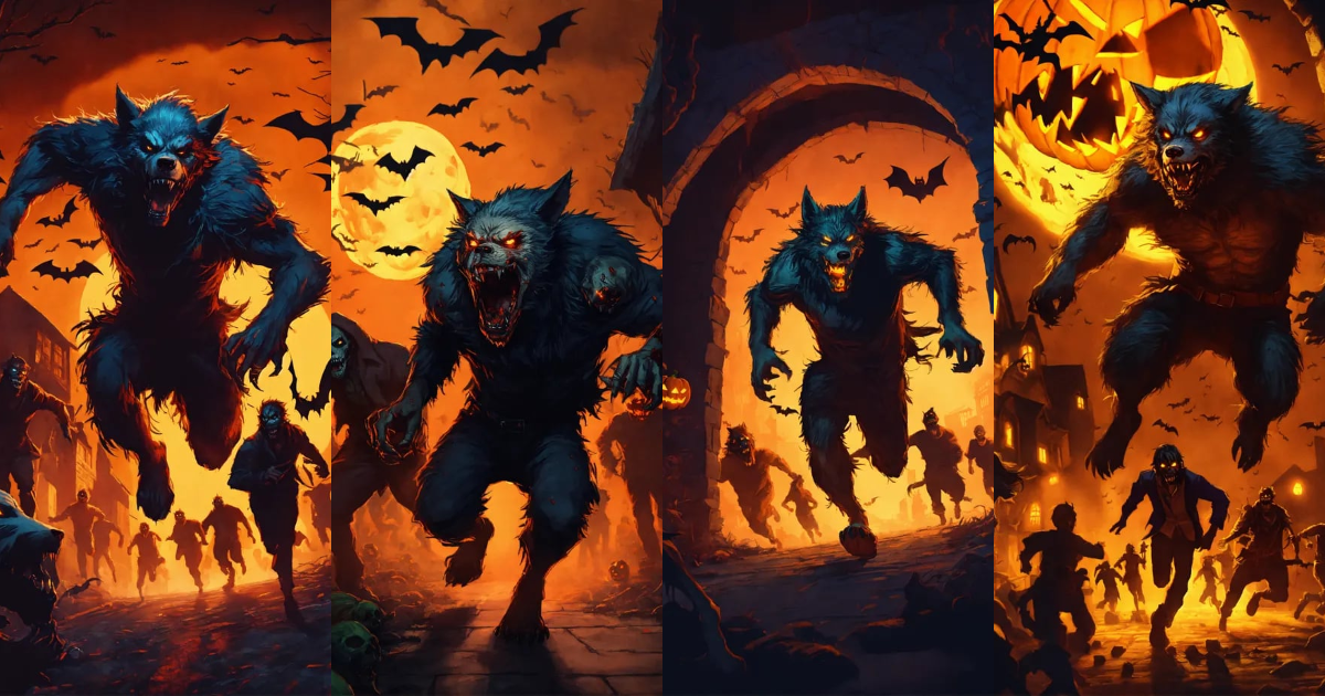 Lexica - A werewolf and zombies chasing after a jack-o'-lantern running ...