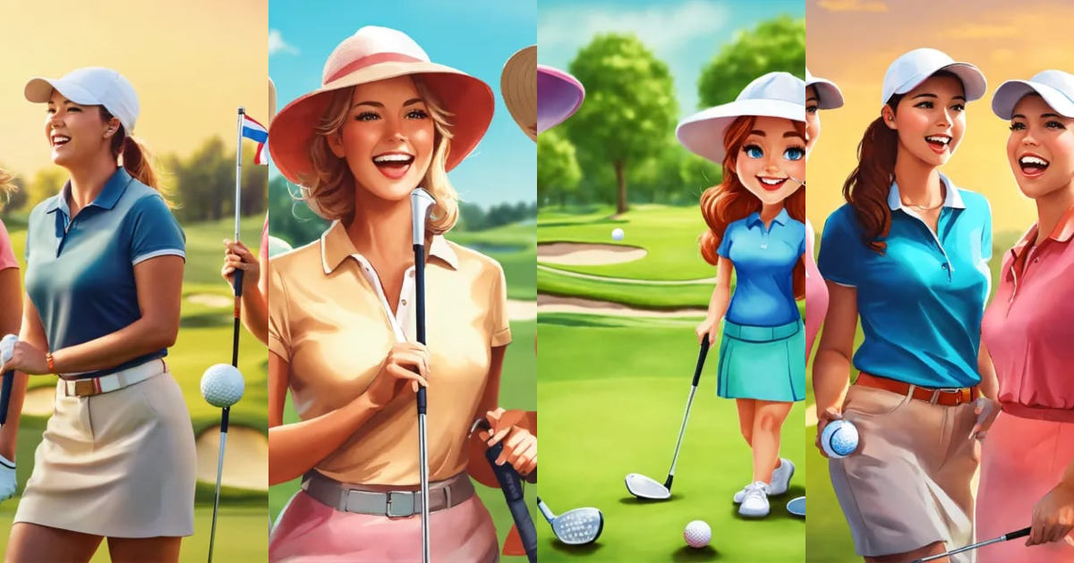 Lexica - Four ladies playing golf having fun, realistic faces, cartoon ...