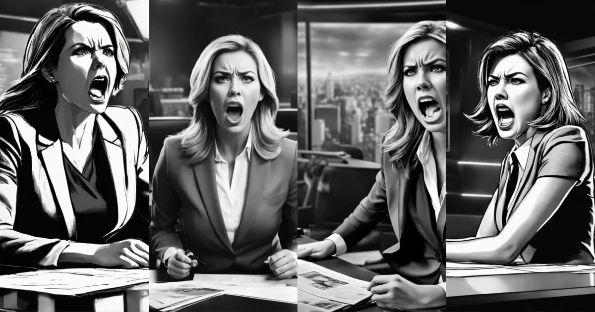Lexica - Black and white illustration of enraged female news reporter ...
