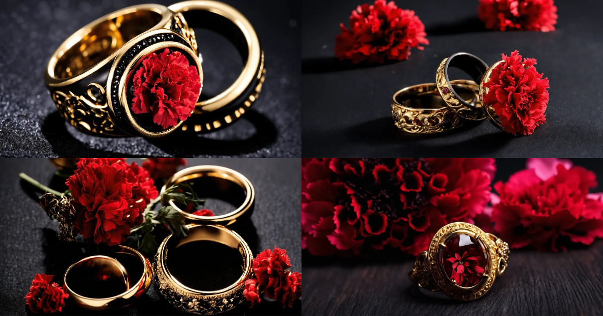 Lexica - Black flowers dried, black background, red carnations, two golden rings men style rings ...