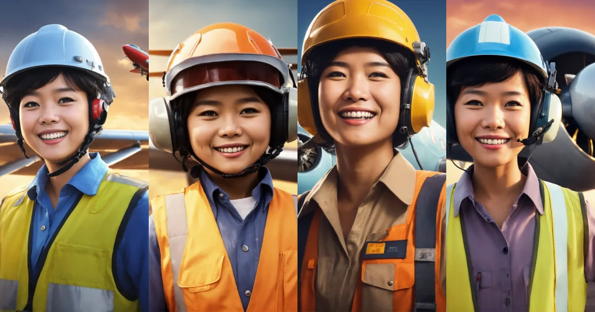 Lexica - Aircraft engineering using vest, safety helmet, smiling, Indonesian face, aircraft ...