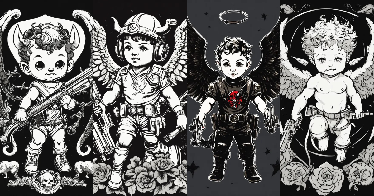 Lexica - Cherub holding two pistols one in each hand, devil horns, and ...