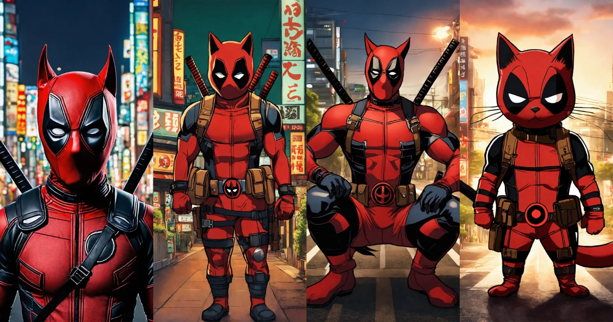 Lexica - A cat wearing a Deadpool suit in Tokyo catching villains ...