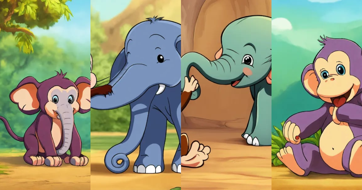 Lexica - Monkey hugged elephant trunk cartoon