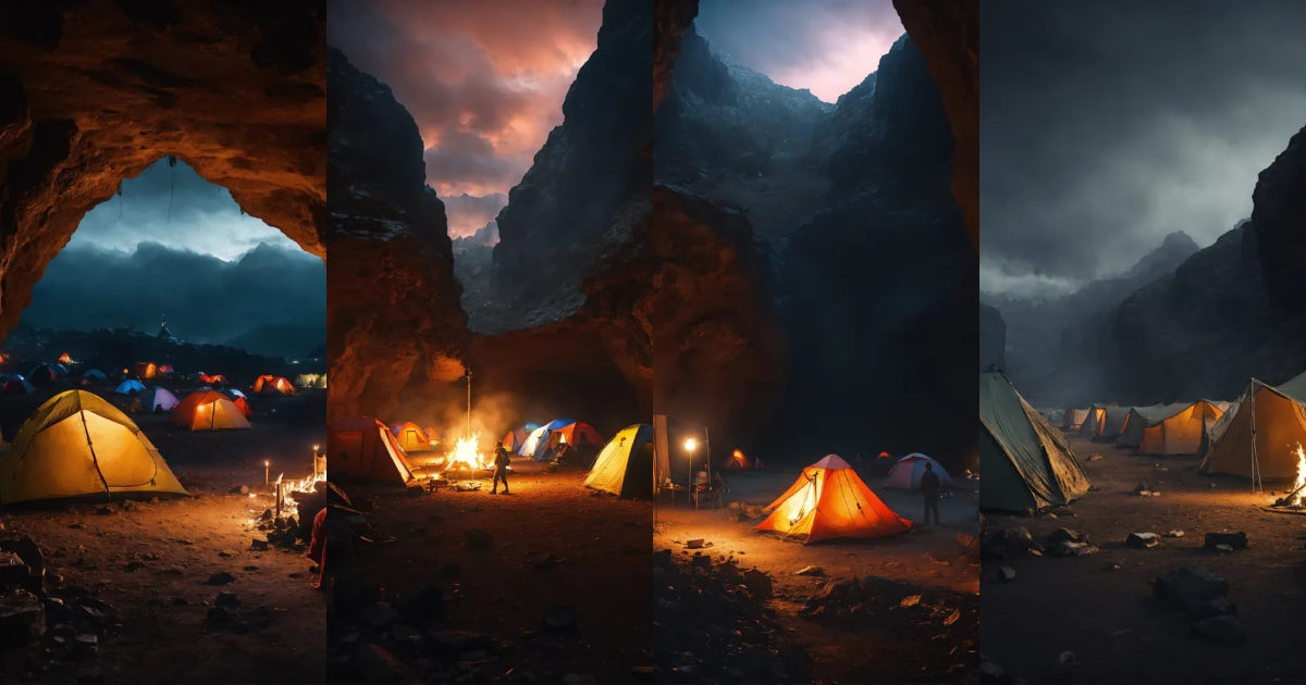 Lexica - A refugee camp is completely inside a dark cave. There are ...