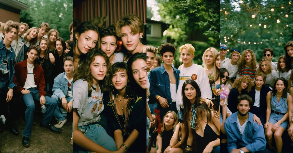 Lexica - Group photo of a bunch of friends at a party in the 90's. Shot ...
