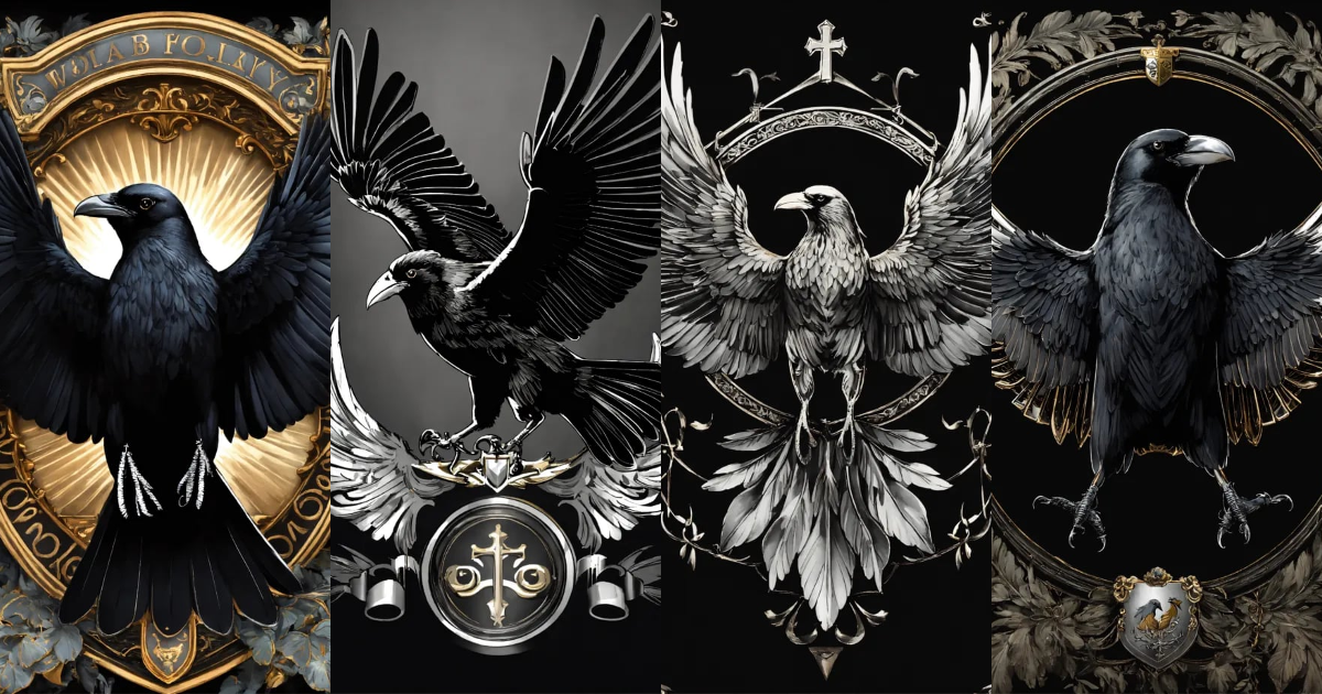 Lexica - Black crow, family crest, wings spread, black background ...