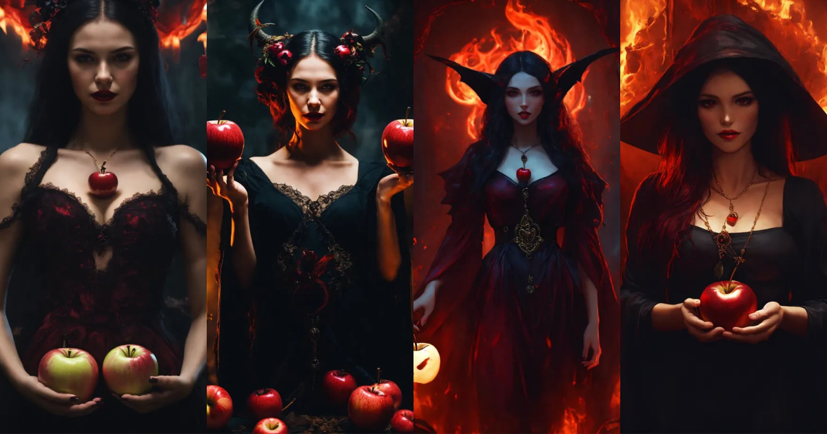 Lexica - Lilith, witch characteristics, evil vibes, dark magic, holding a poisoned apple in her ...