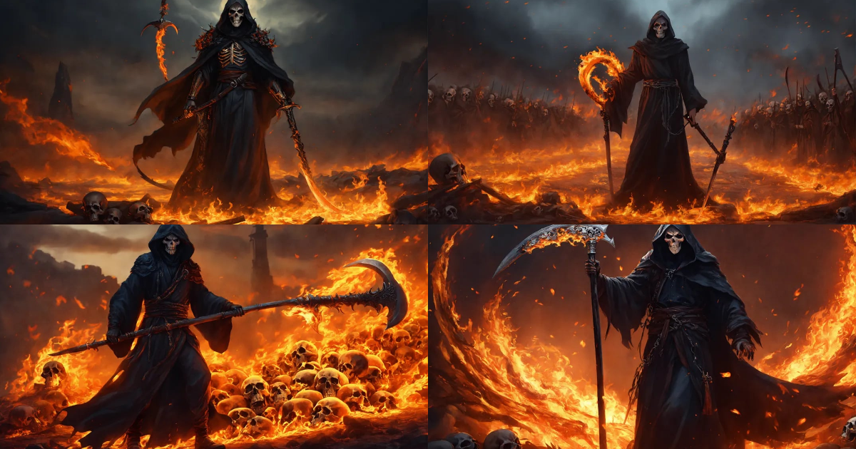 Lexica - Menacing grim reaper with flaming scythe, tattered flowing ...