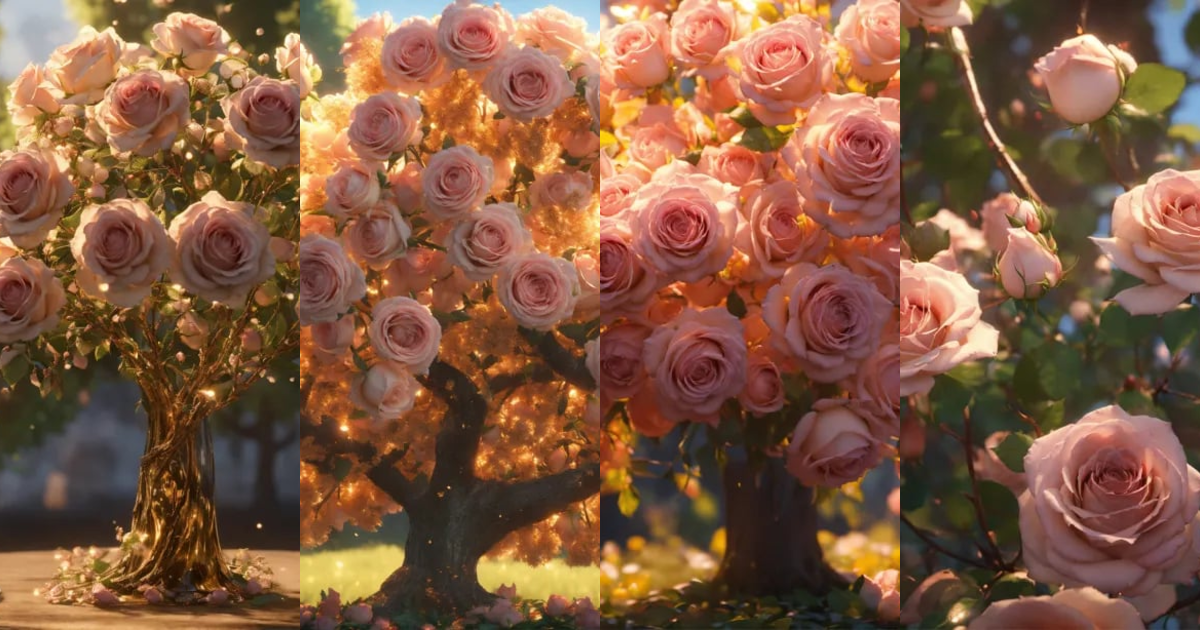 Lexica - Photo of 8k,A tree full of champagne roses,full of colour ...