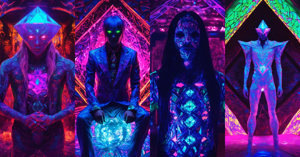 Lexica - Full body the grudge in a diamond suit in a Blacklight DMT ...