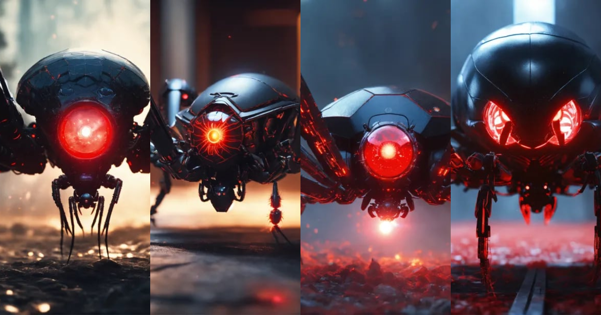 Lexica - Long Gigantic black armored robotic spider with red glowing ...