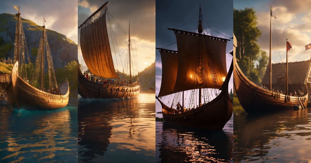 Lexica - Valhalla viking ship, entering a viking village from the water ...