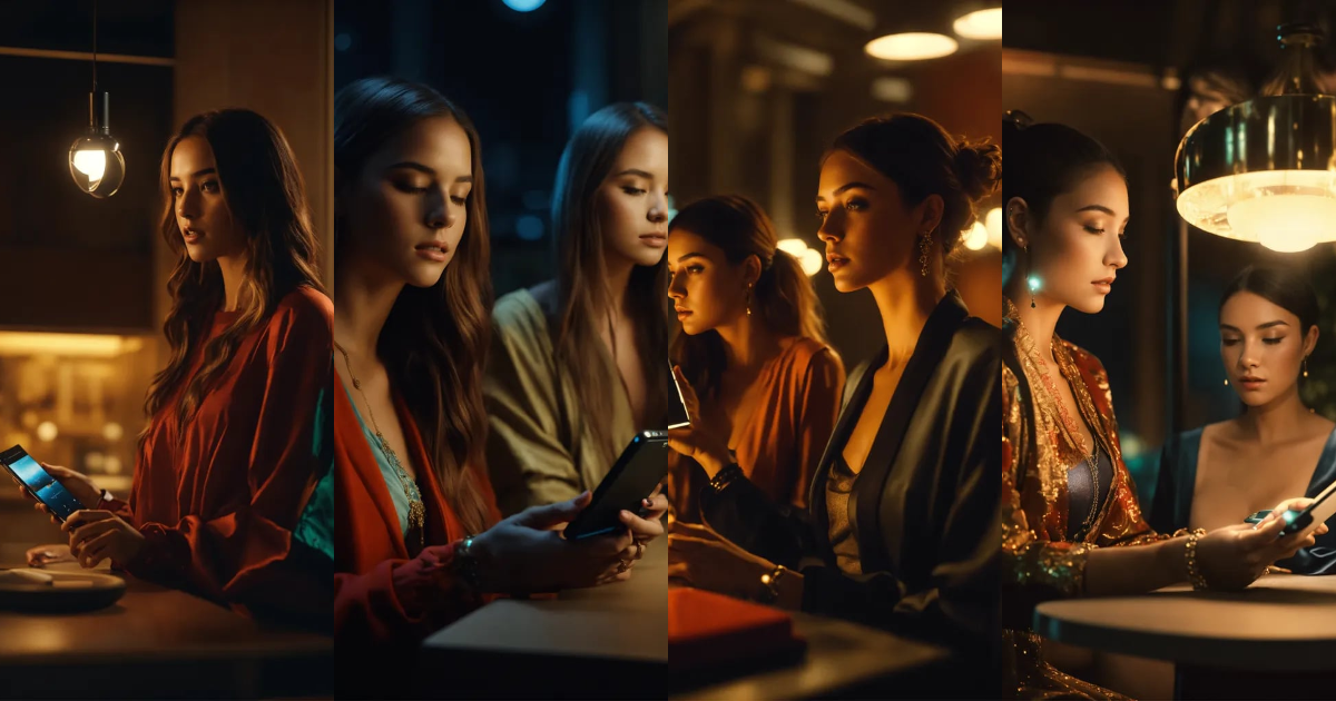 Lexica - Two hot females using her phones, interior night time, dark lighting, front shot, 8k ...