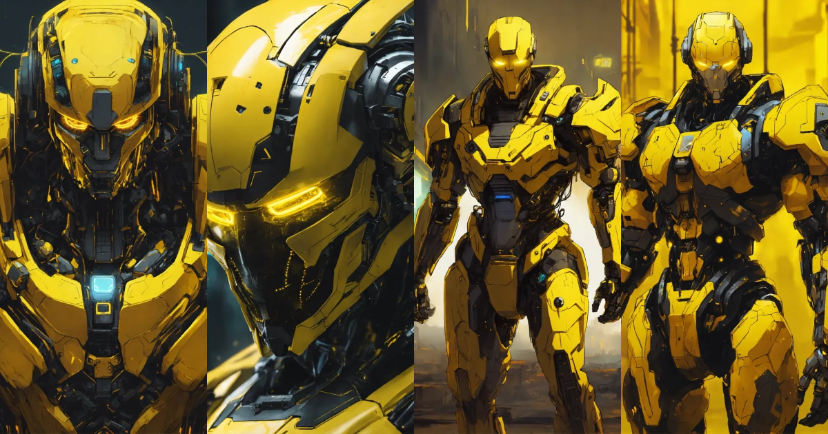 Lexica - Big muscular faceless robotic warrior with yellow and black ...