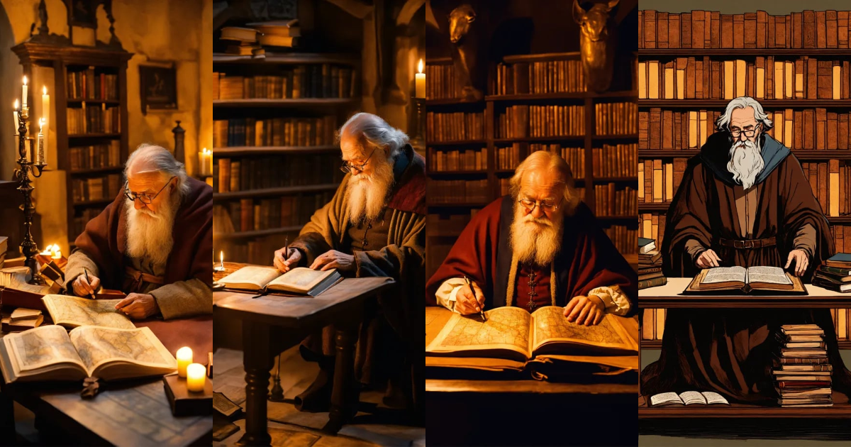 Lexica - A small, cozy medieval library, with books and maps laid out ...