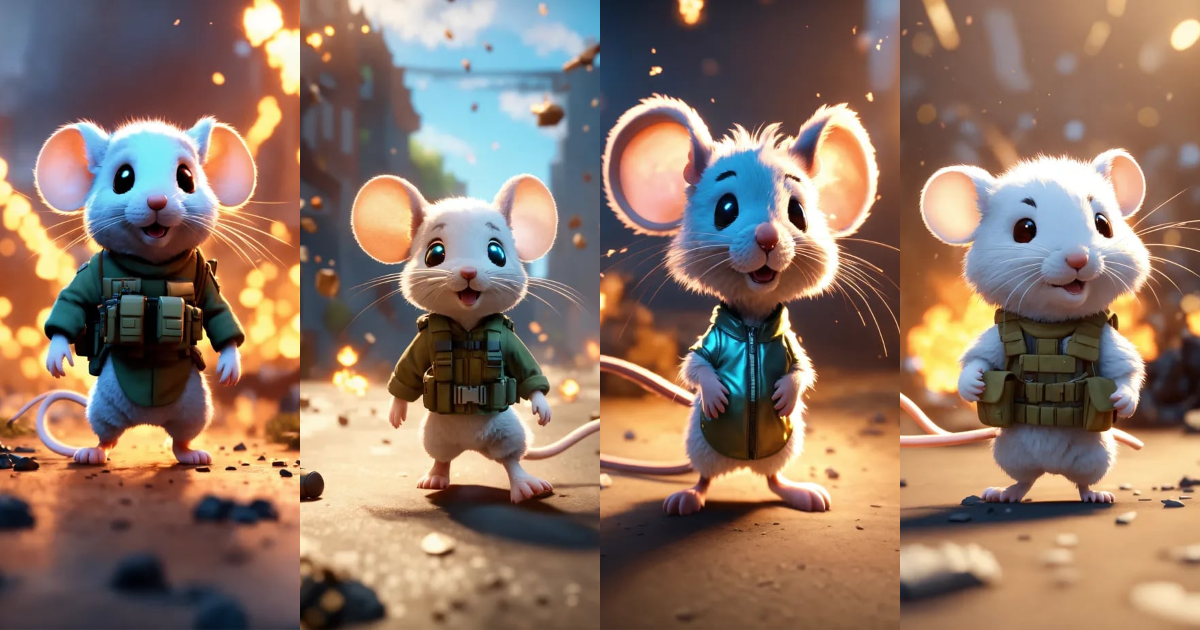 Lexica - A cute fluffy cartoon army mouse walking away from a blast in ...