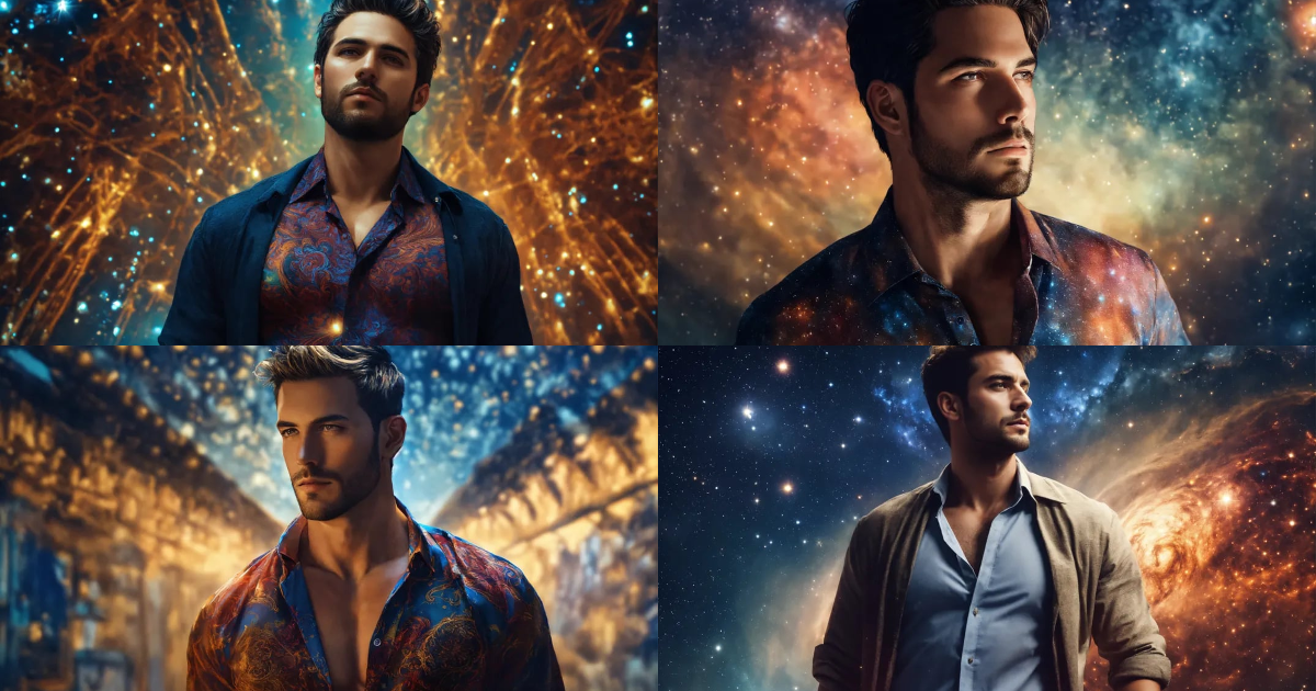 Lexica - Handsome man, looking up, shirt unbuttoned, negative patterns ...
