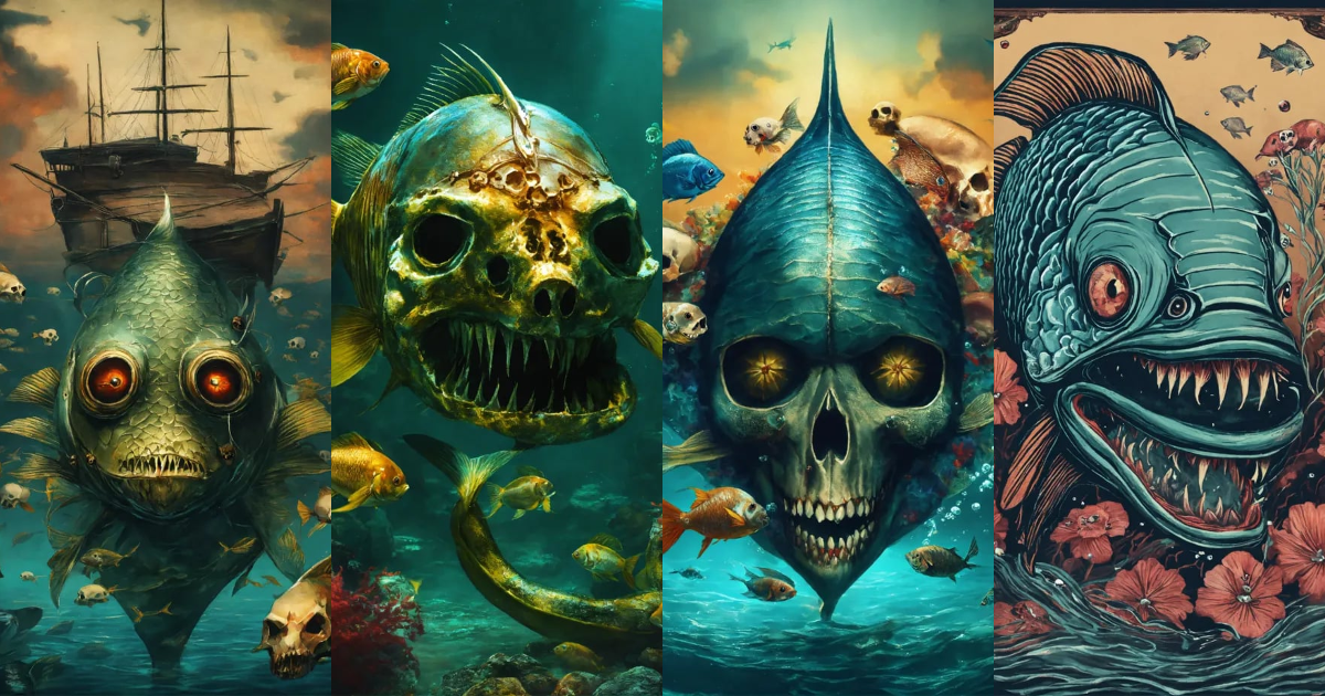 Lexica - Sinister fish in water with skulls