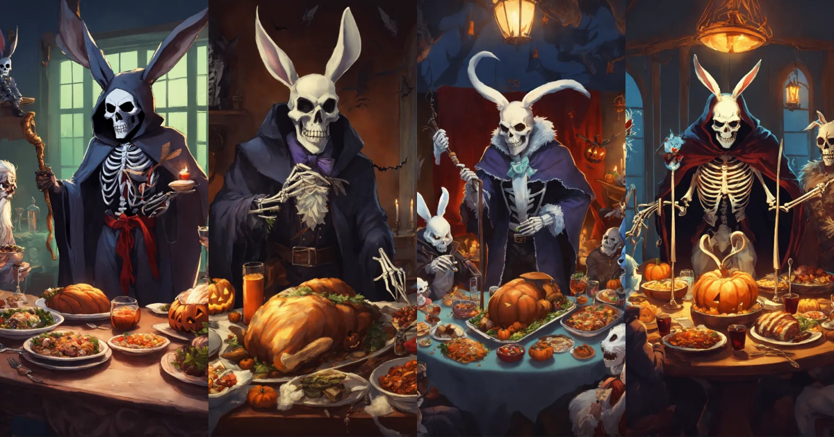 Lexica - Skeletal Grim Reaper in a dark robe, ghost, Halloween Bunny ...