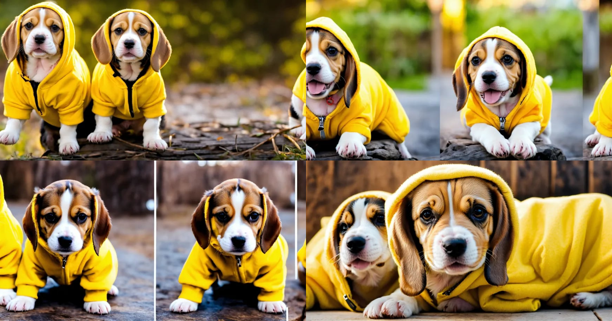 Lexica - 2 cheerful miniature beagle puppies wearing mellow yellow hoodies.