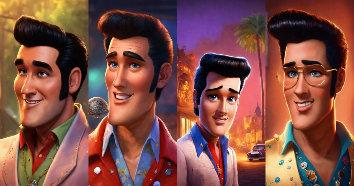 Lexica - A portrait of elvis, pixar animation style