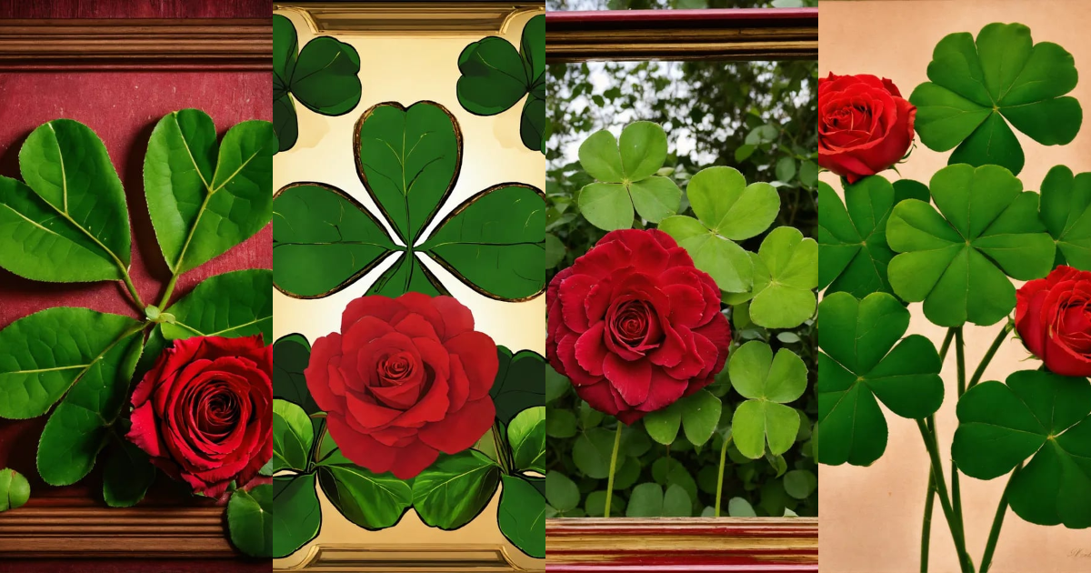 Lexica - Four leaf clovers with a red rose in the middle