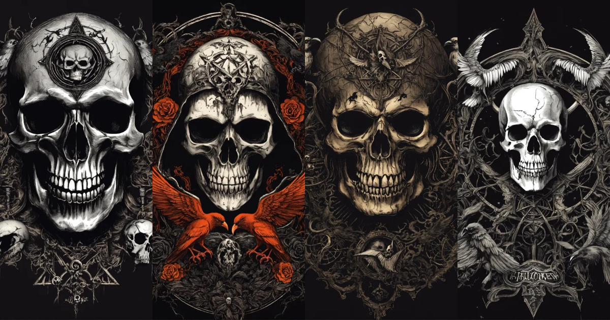 Lexica - Gothic style, satanic symbols, angry curved skull, crow ...