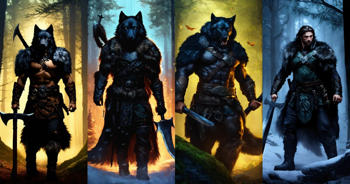 Lexica - Text dark, enchanted forest; male celtic warrior and black wolf fur, one viking axe in ...